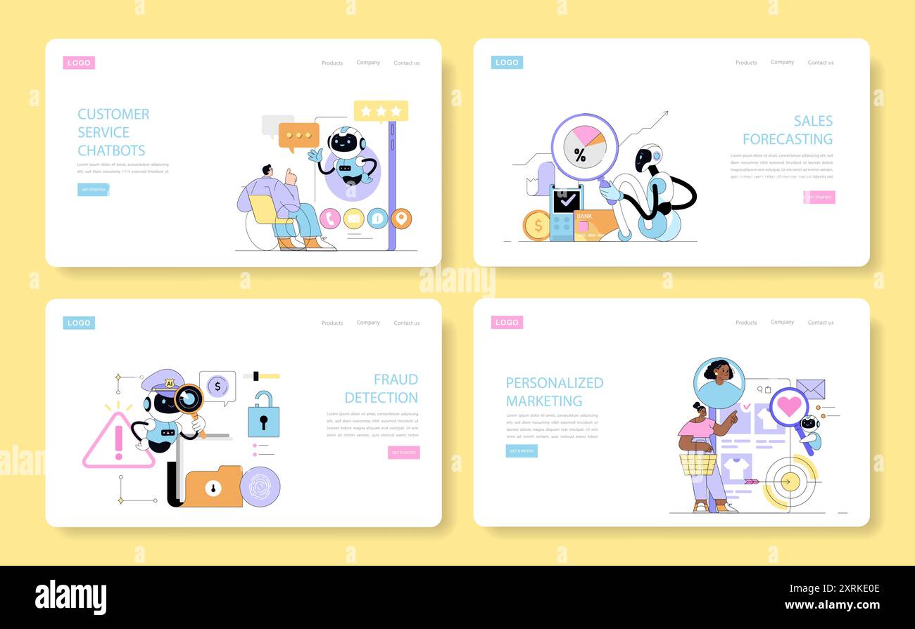 Artificial intelligence set. Streamlining business operations with chatbots, data analysis, and ...