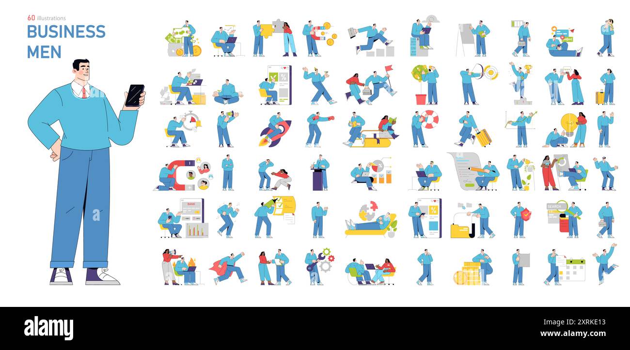 Businessman set. Corporate activities, finance management, and teamwork ...