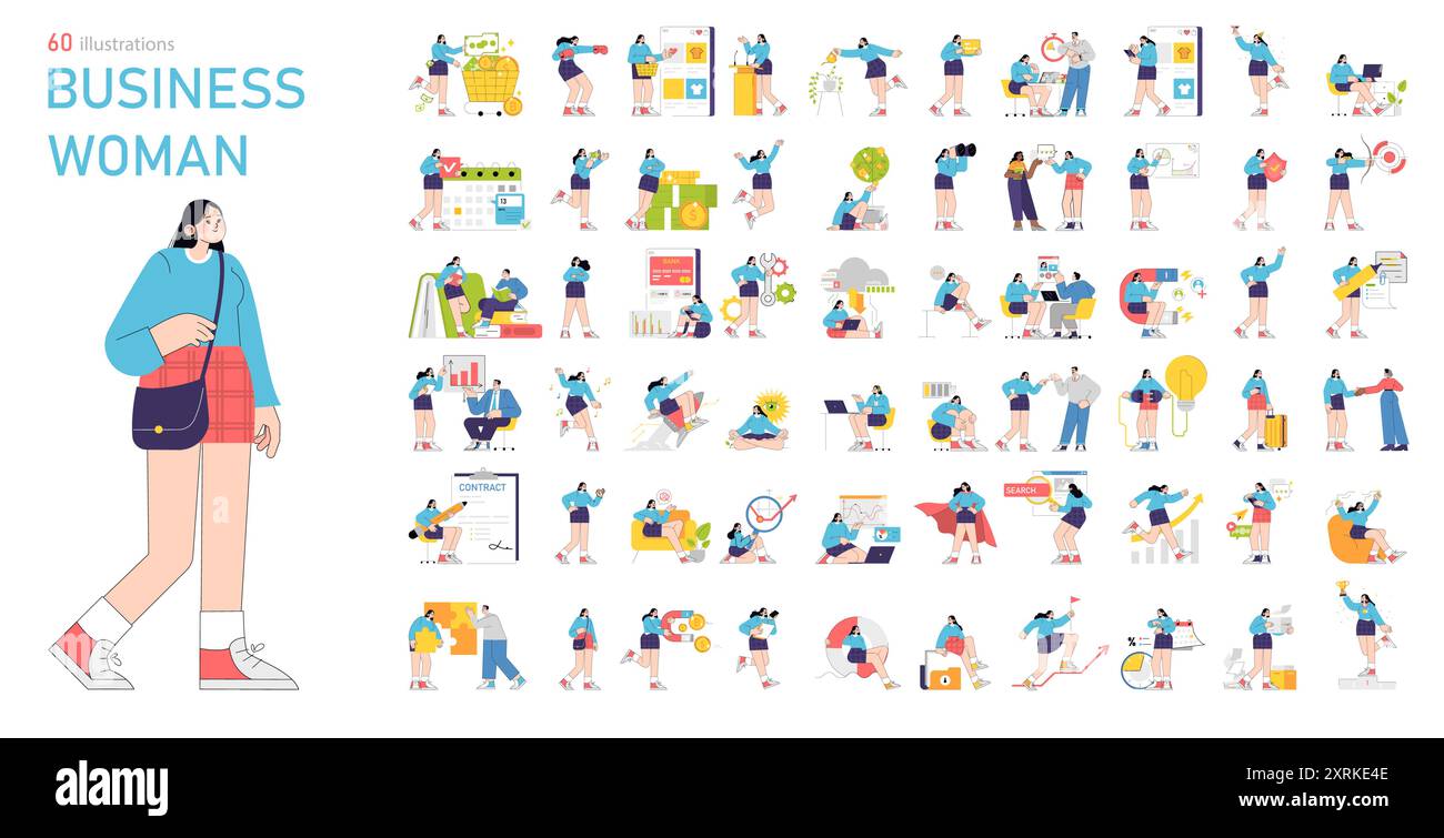 Businesswoman set. Corporate activities, multitasking, and leadership ...