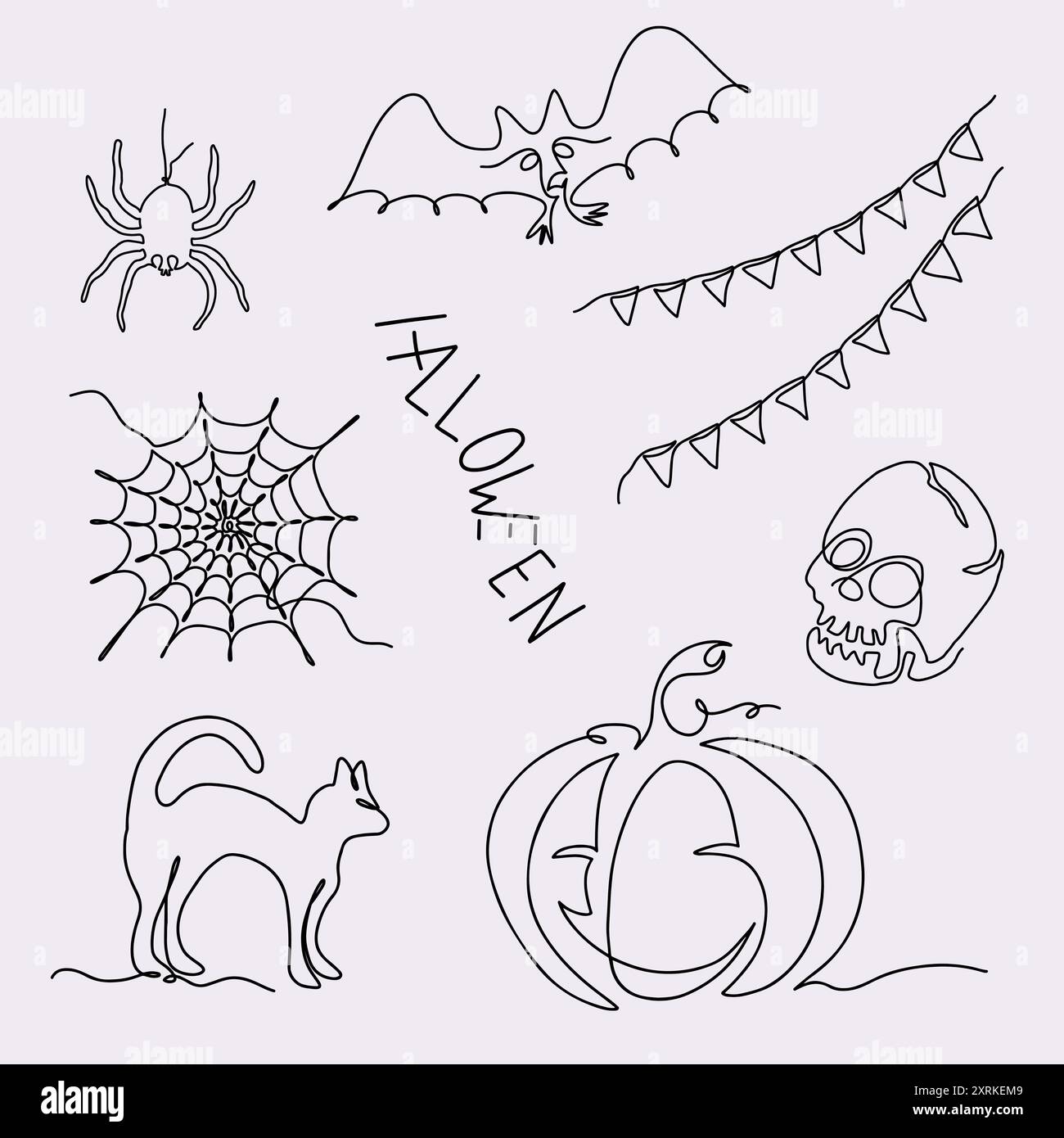 Continuous line art Halloween set, single line sketch, isolated Stock ...
