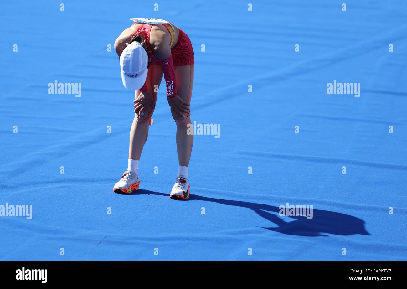 Paris, France. 11th Aug, 2024. Zhang Deshun of China reacts after the ...