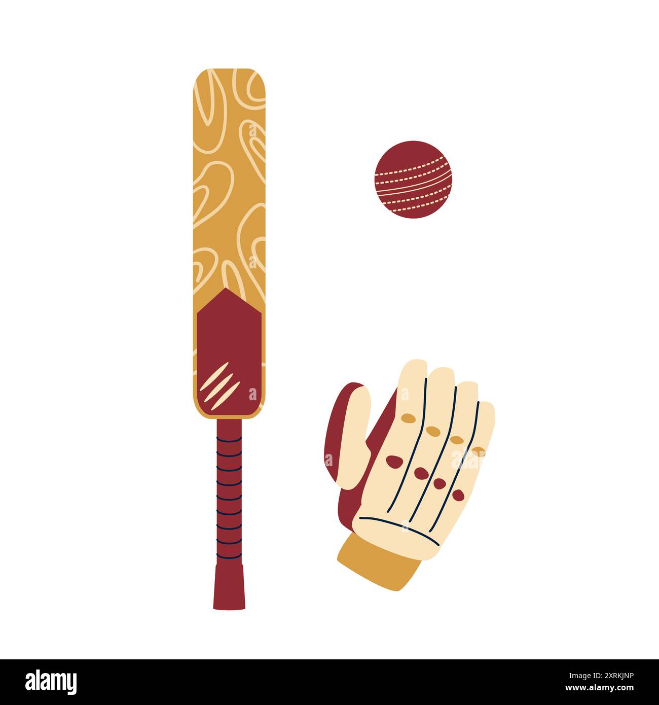 Cricket equipment isolated on white background. Bat, ball and glove ...