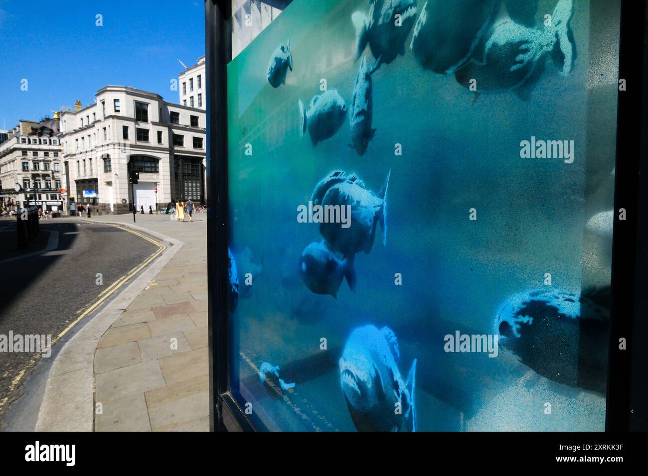 City of London, UK. 11th Aug 2024. 'Banksy' Piranha fish appear in City ...