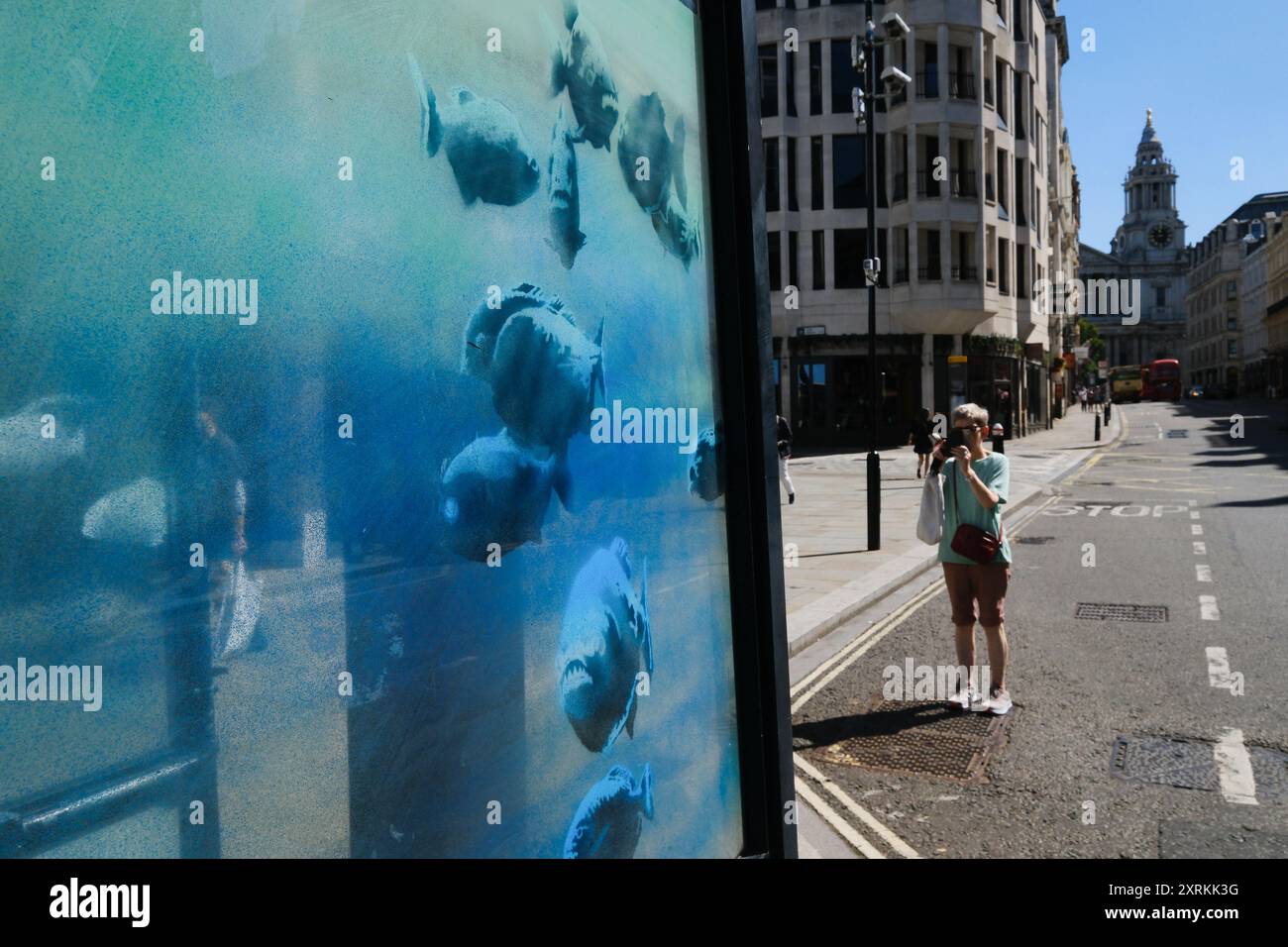 City of London, UK. 11th Aug 2024. 'Banksy' Piranha fish appear in City ...