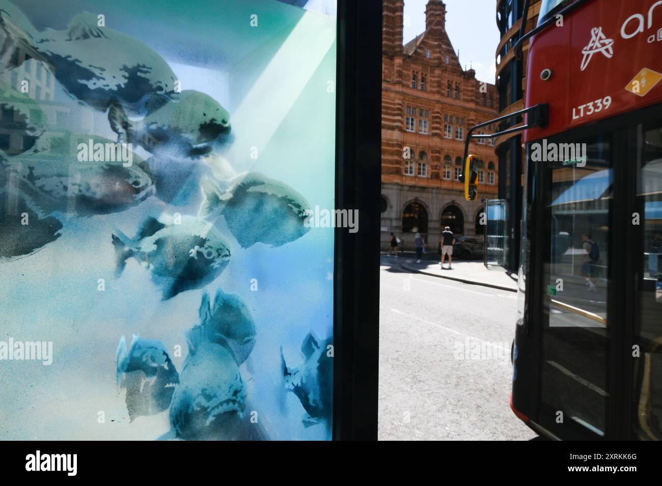 City of London, UK. 11th Aug 2024. 'Banksy' Piranha fish appear in City ...