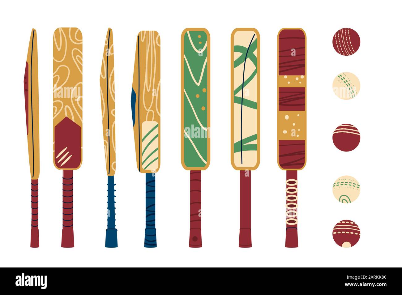Cricket Bats and balls. Sport equipment set. Vector hand drawn flat ...