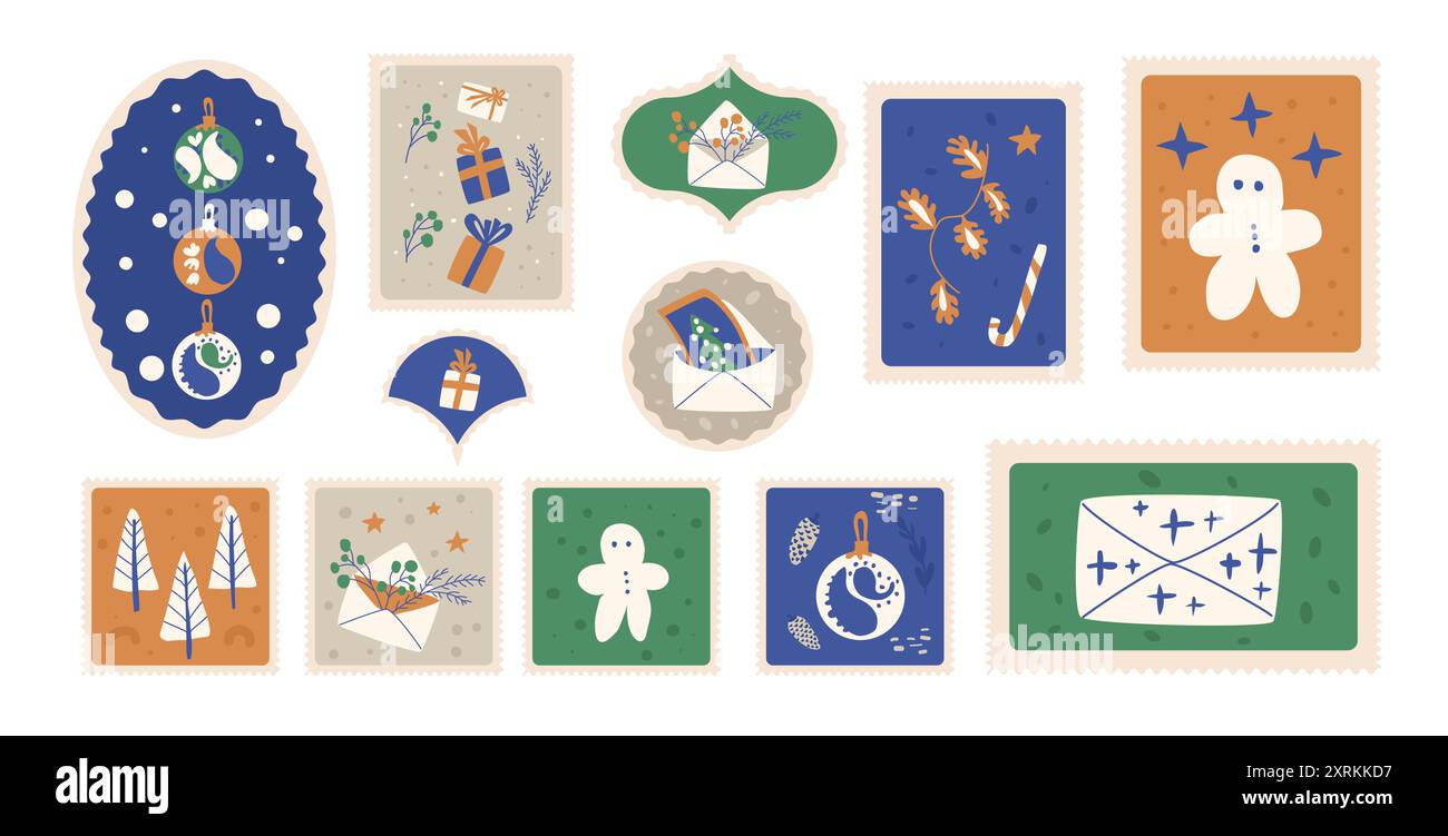 Set of holiday-themed stamps featuring Christmas decorations, gifts ...