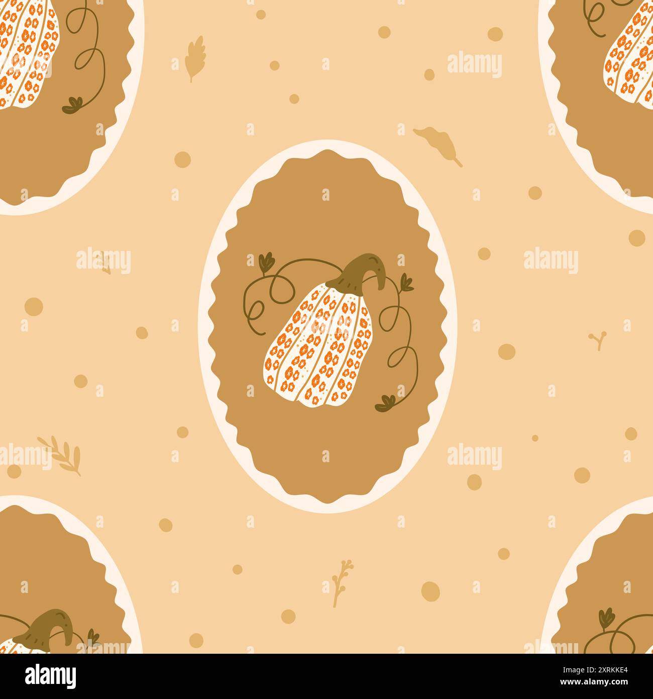 Cozy oval emblem with pumpkin seamless pattern. Circle emblem with ...