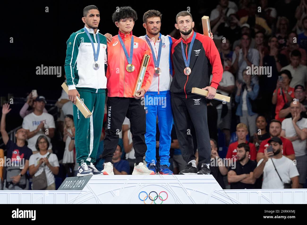 Medalists, from left, Iran's Rahman Amouzadkhalili, silver, Japan's ...