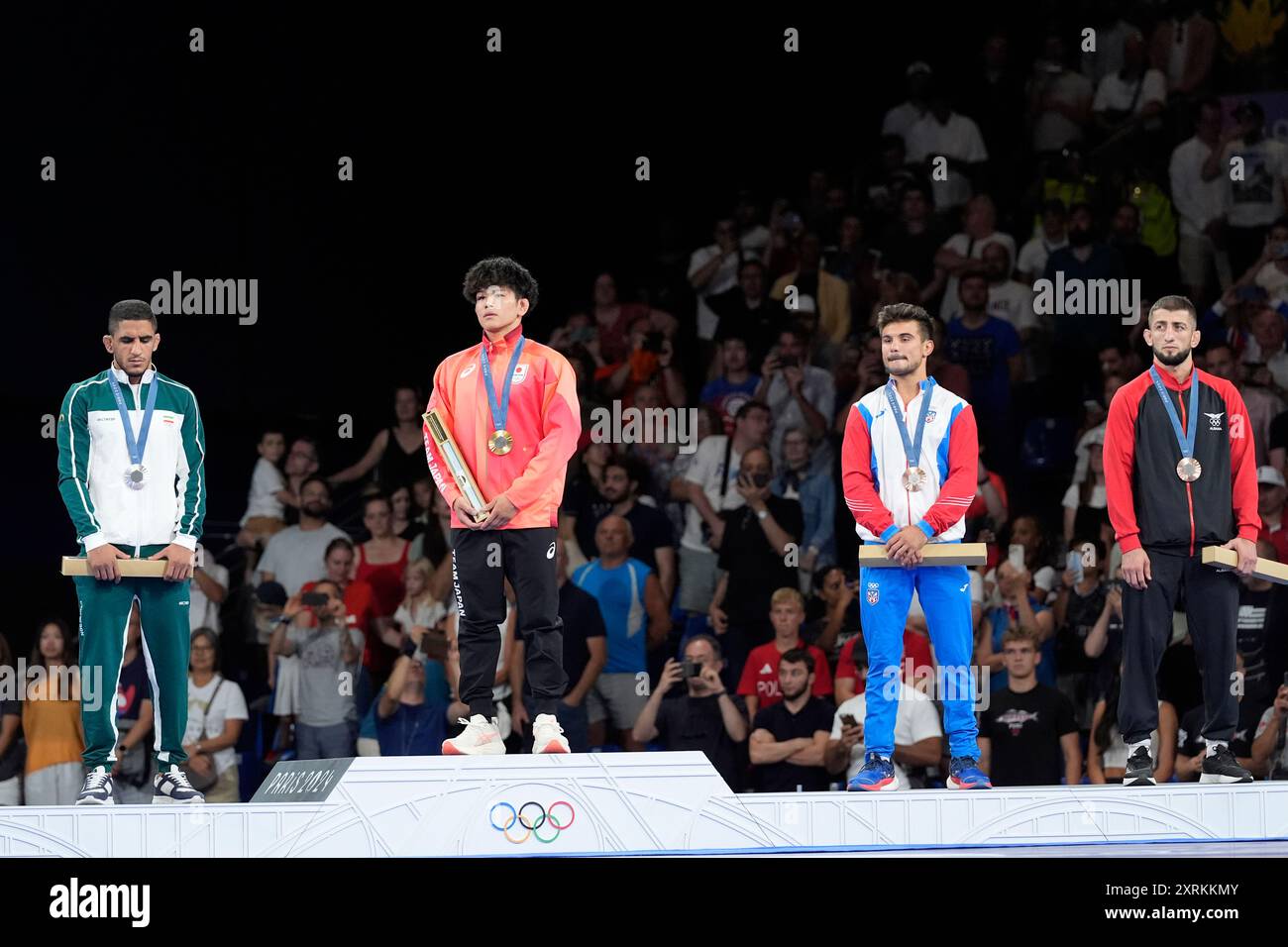 Medalists, from left, Iran's Rahman Amouzadkhalili, silver, Japan's ...