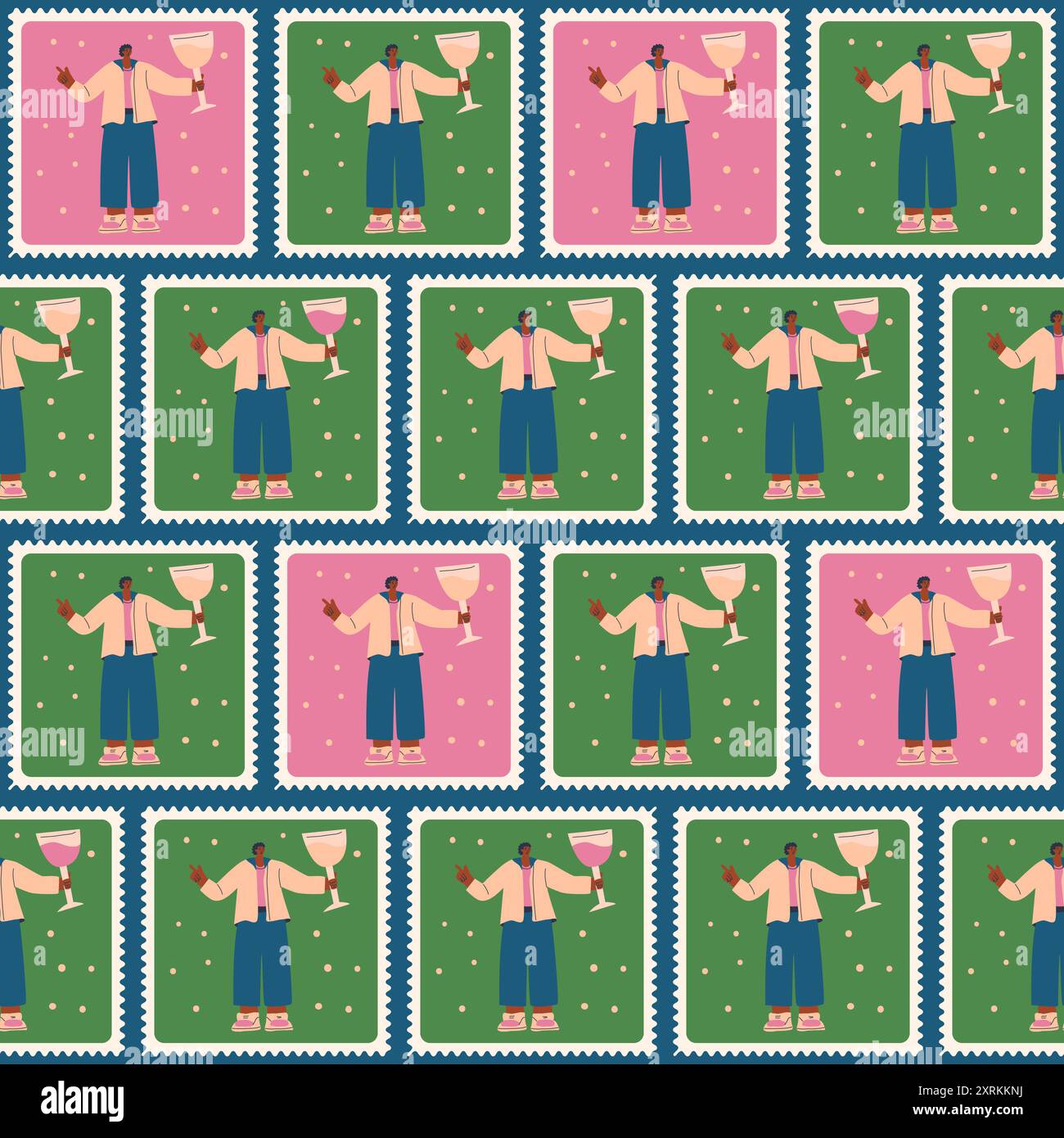 Stylized man character with white wine quilted seamless pattern. Bento ...