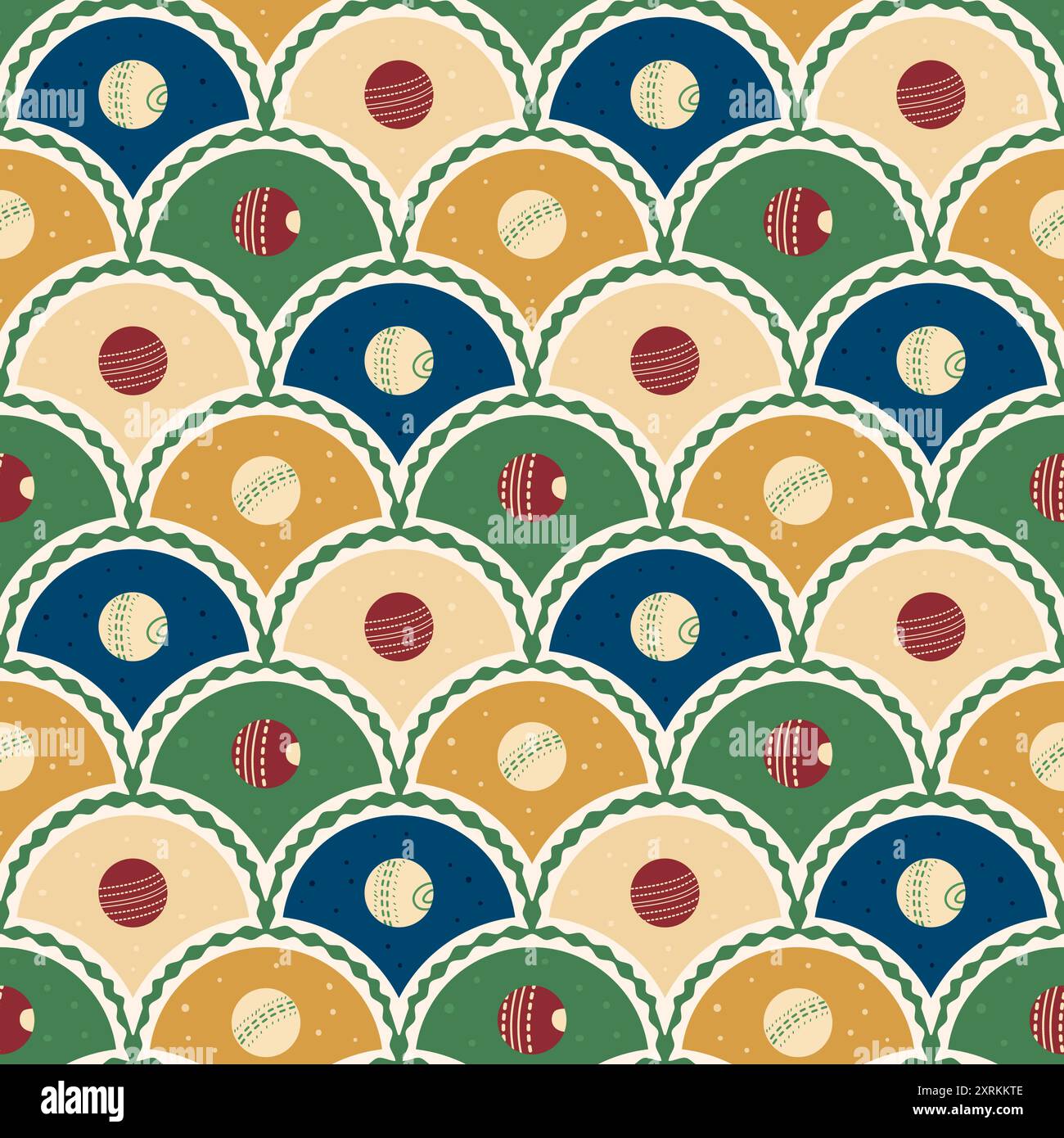 Cricket ball scallop seamless pattern. Sport arch repeat background. Cricket equipment retro ...