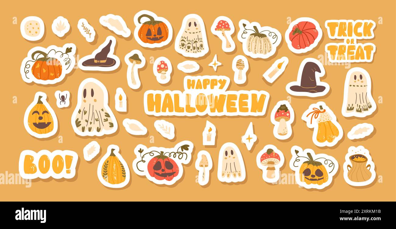 Set of Halloween stickers isolated. Pumpkins, ghosts, witch hats and ...