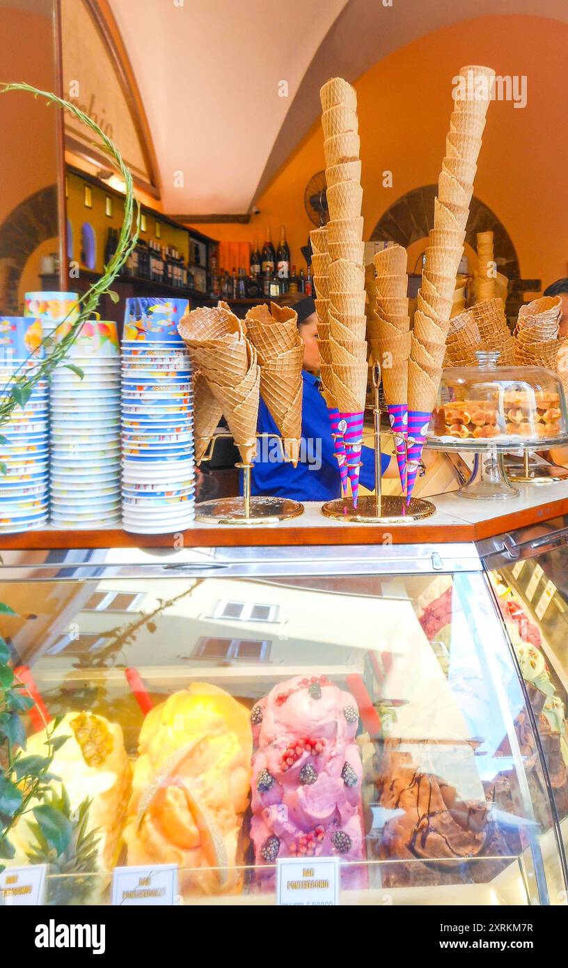 Various sorts of ice creams on display of the small italian shop Stock ...