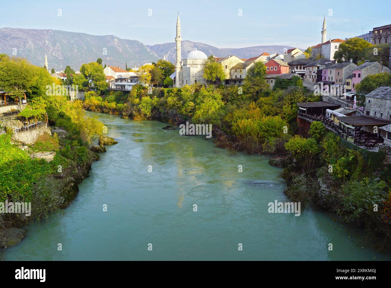 Old Town of Mostar and Neretva: view from the Old Bridge of the river ...