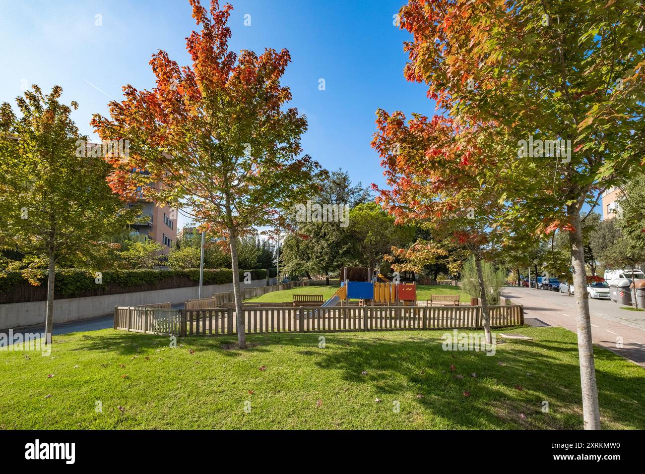 A vibrant playground in a residential neighborhood surrounded by trees ...