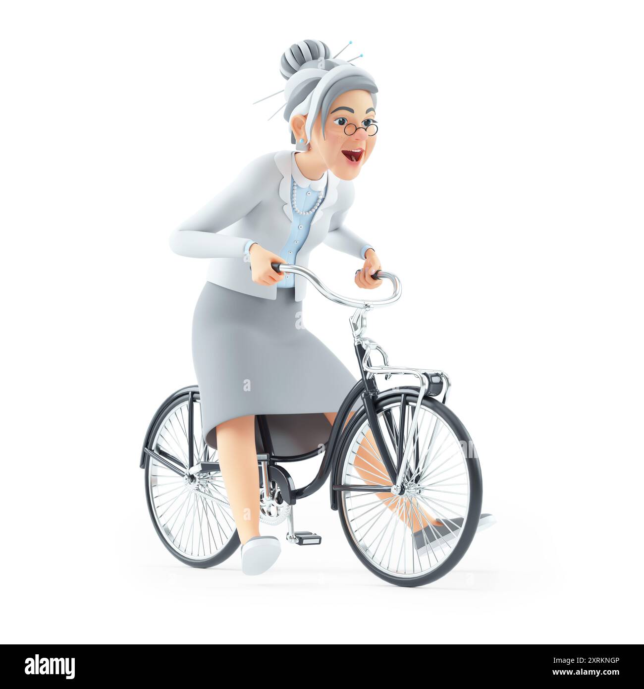 3d cartoon granny riding bicycle with legs out, illustration isolated ...