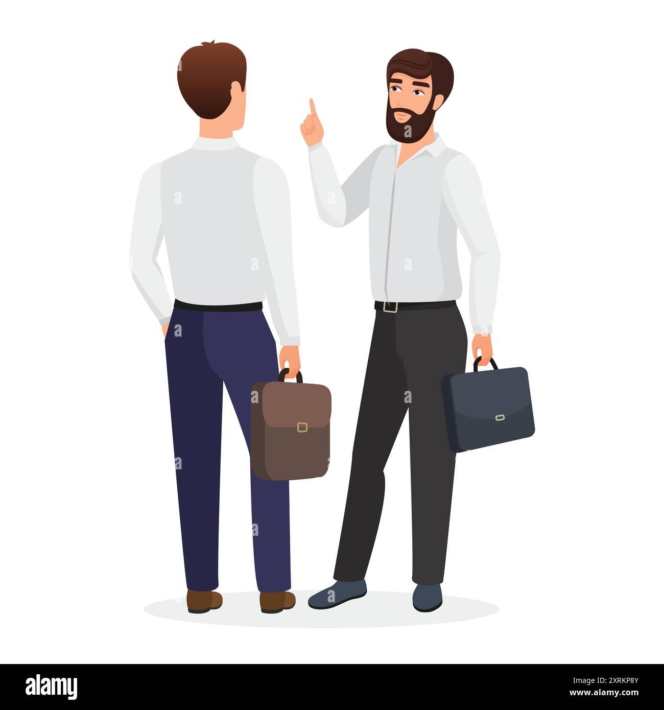 Two business colleagues having a conversation, one holding a briefcase ...