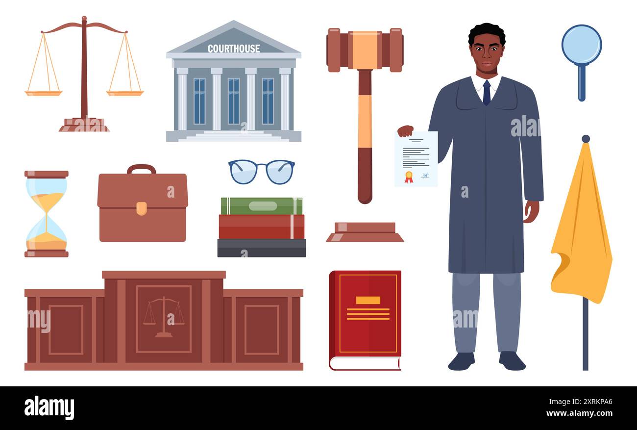 Symbols of justice. Judge in black robe, law book, judicial gavel ...