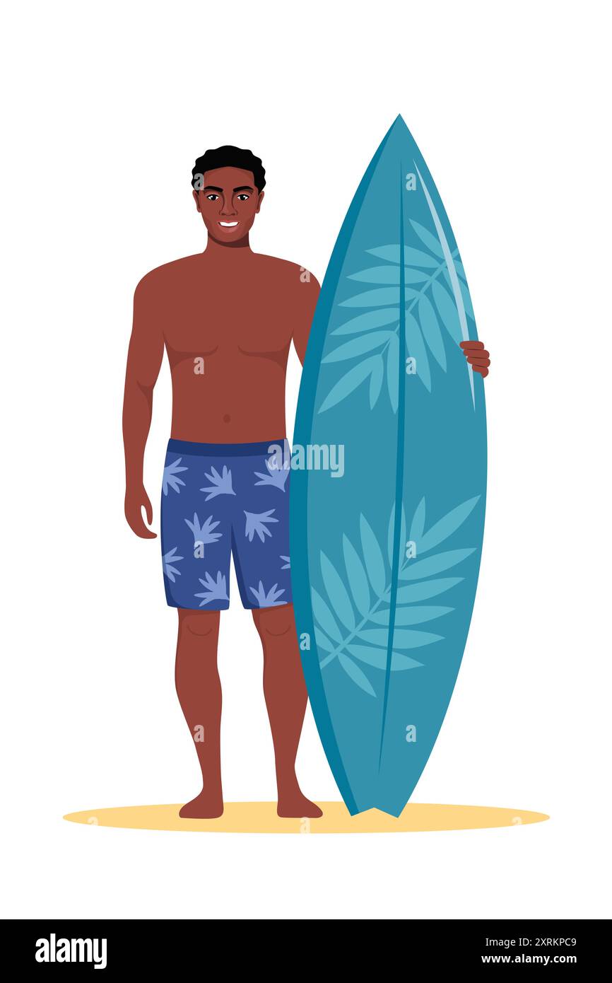 Young black man surfer with surfboard standing on the beach. Smiling ...