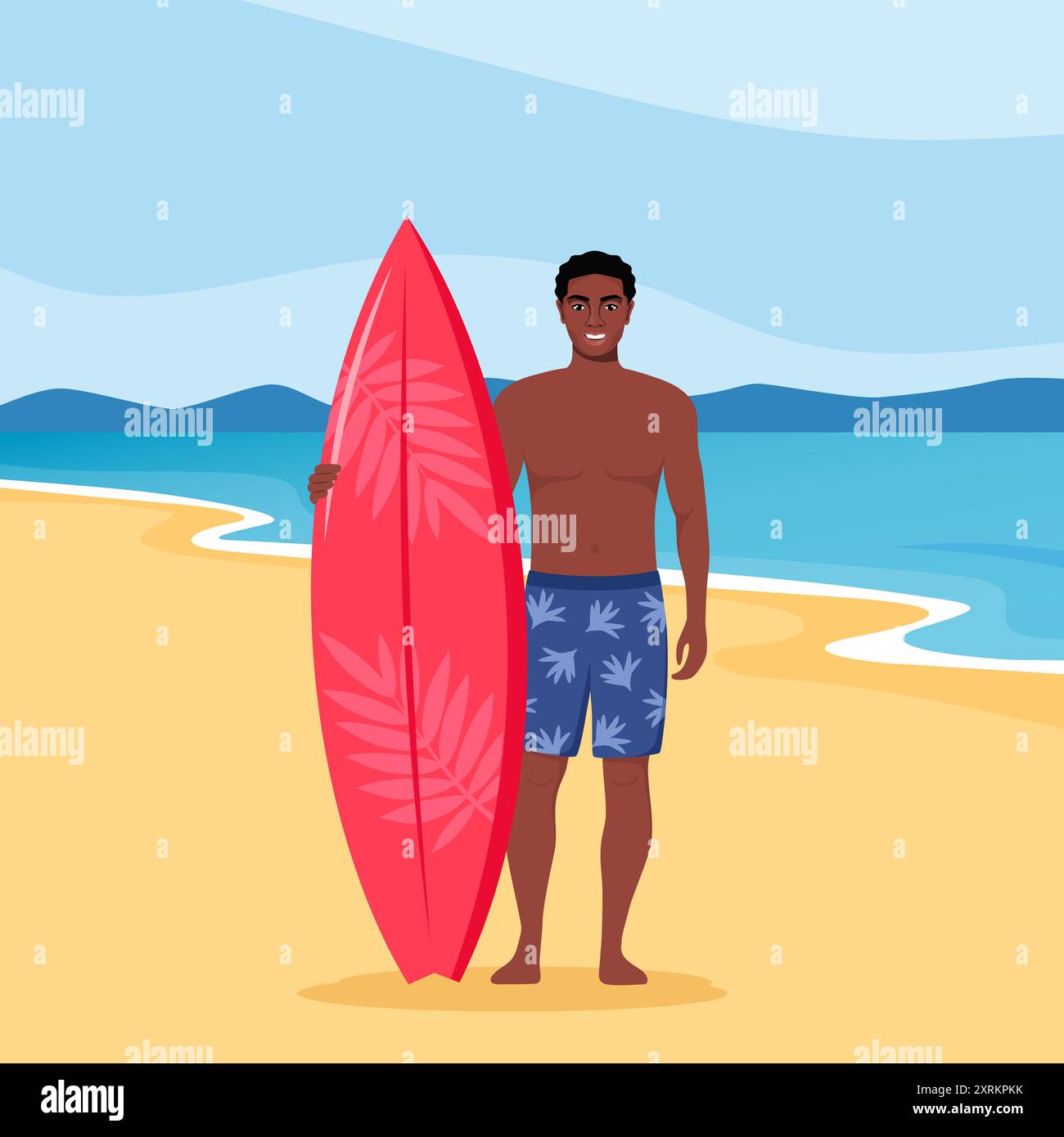 Young black man surfer with surfboard standing on the beach. Smiling ...