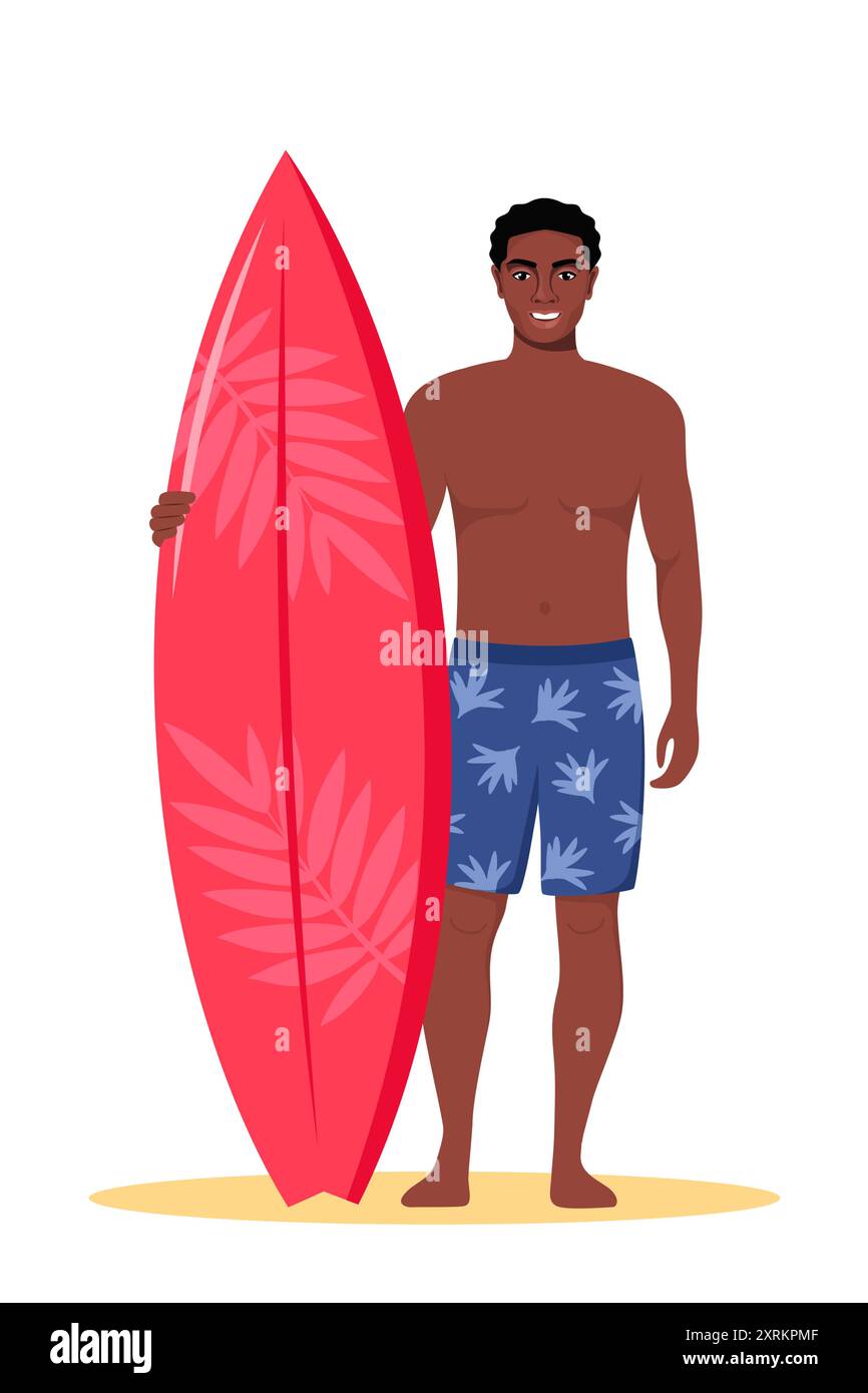 Young black man surfer with surfboard standing on the beach. Smiling ...