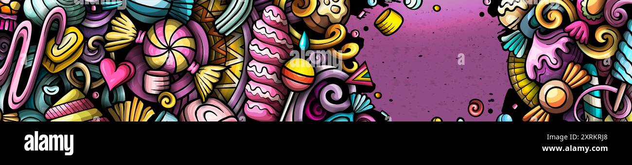 Cartoon vector doodle Candies banner template. Funny Sweet food ...