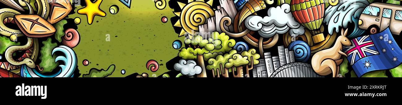 Cartoon vector doodle Australia background. Funny Australian colorful ...