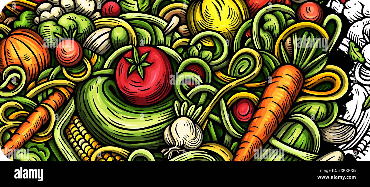 Vegetables cartoon vector doodle background. Veggies banner design ...