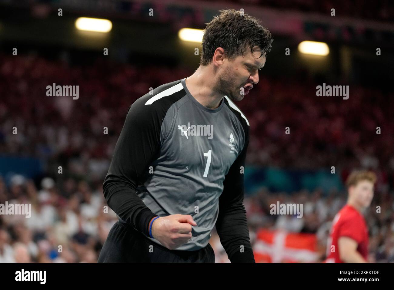 Denmark goalkeeper Niklas Landin Jacobsen reacts during the gold medal ...