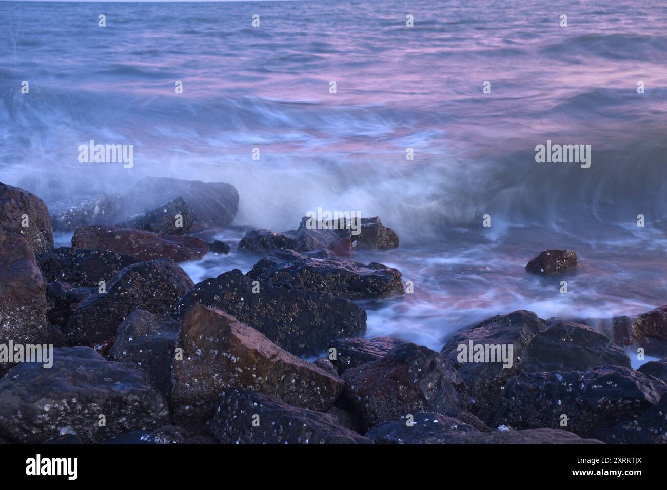 landscape of sea on sunset at tilted pole beach in Thailand Stock Photo ...