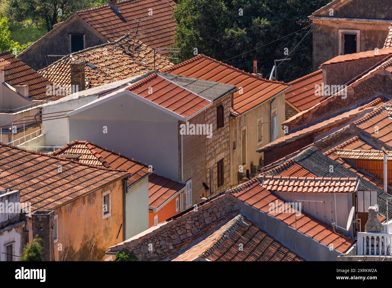 Old town of Trpanj in Croatia, red tile roofs, narrow streets, Peljesac ...