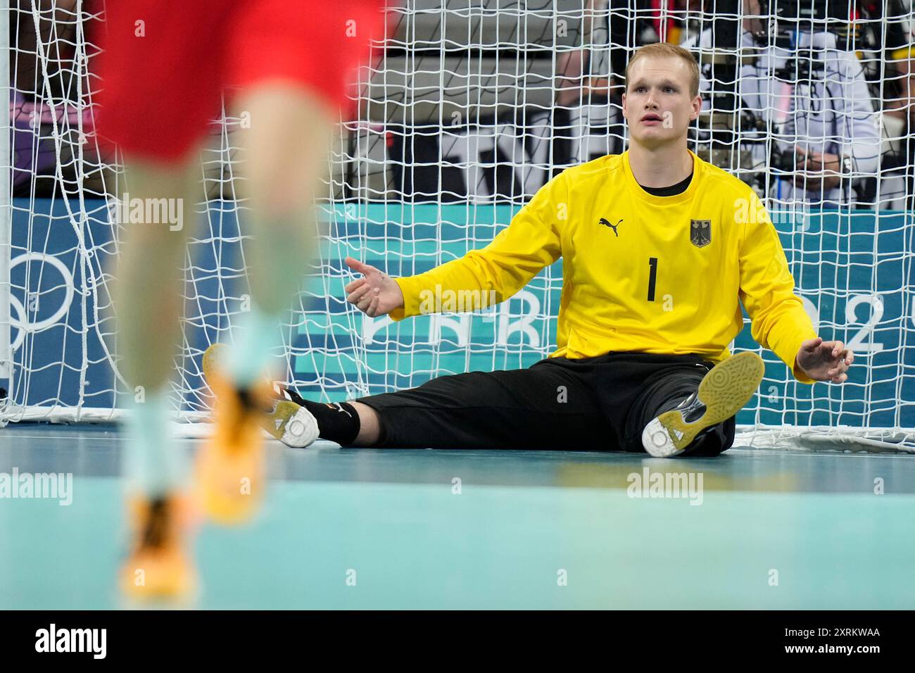 Germany goalkeeper David Spaeth reacts during the gold medal handball ...