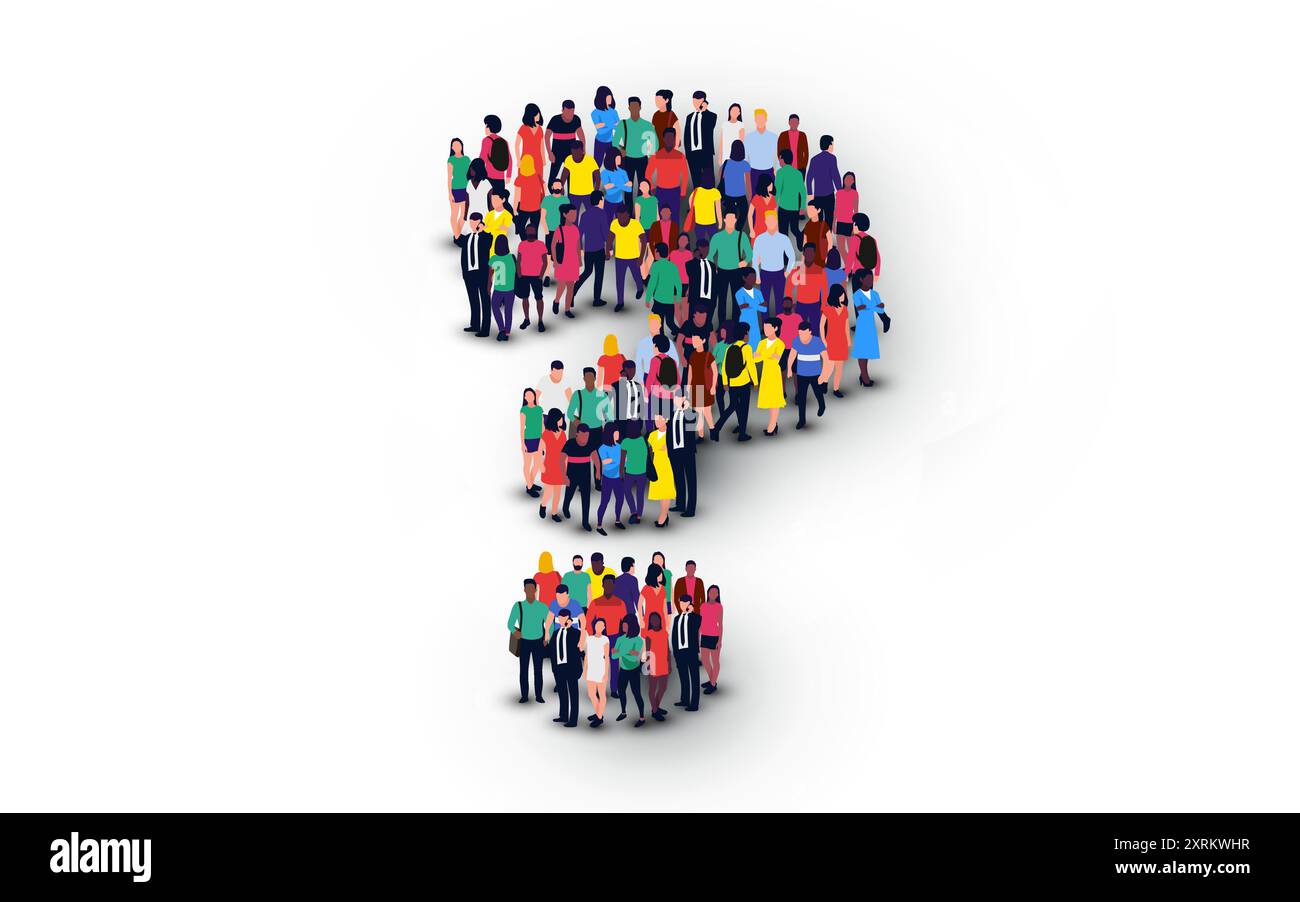 Large group of people standing in the shape of question mark sign ...