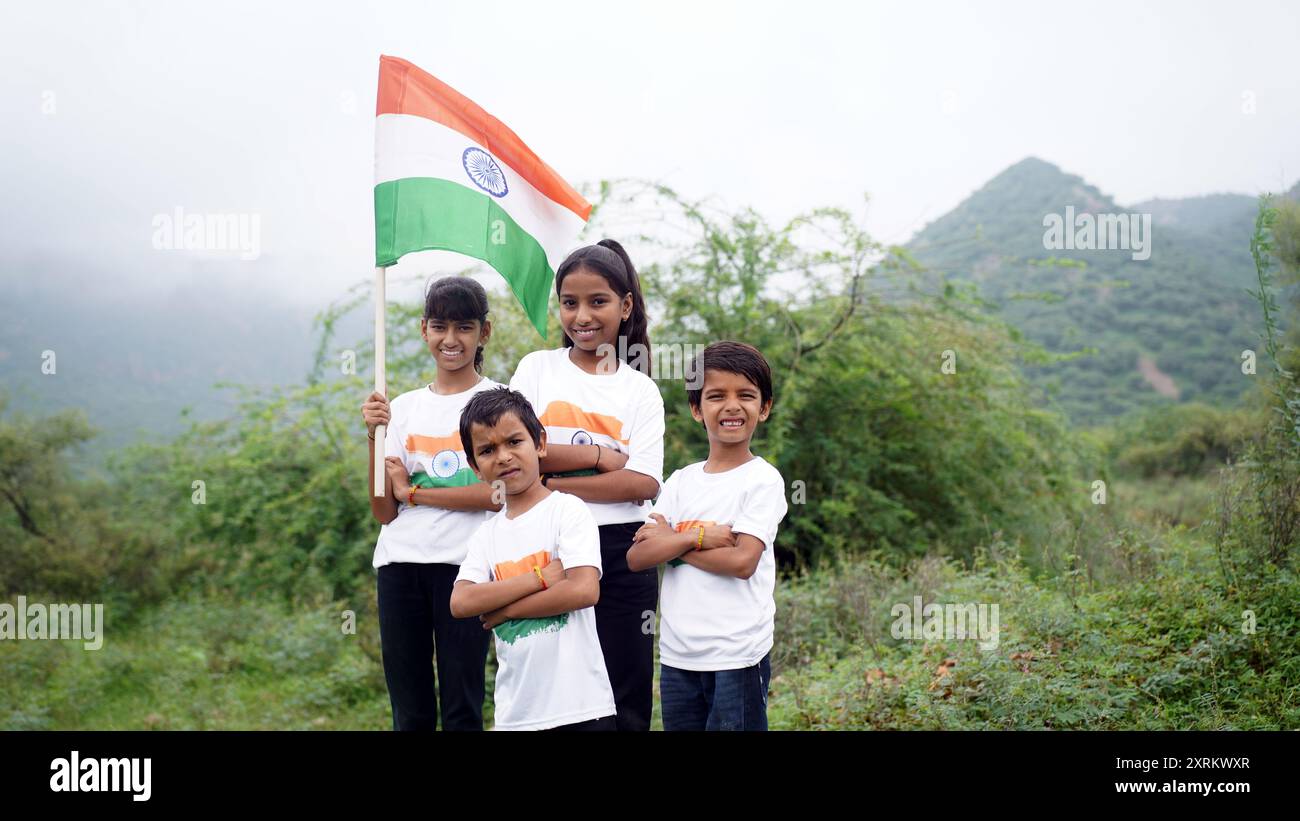 Group of student or kids wearing indian tricolor Tshirt, face painted ...