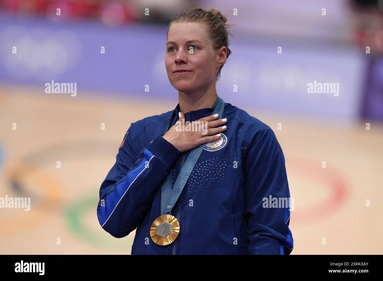 Jennifer Valente of the United States poses with the gold medal of the ...