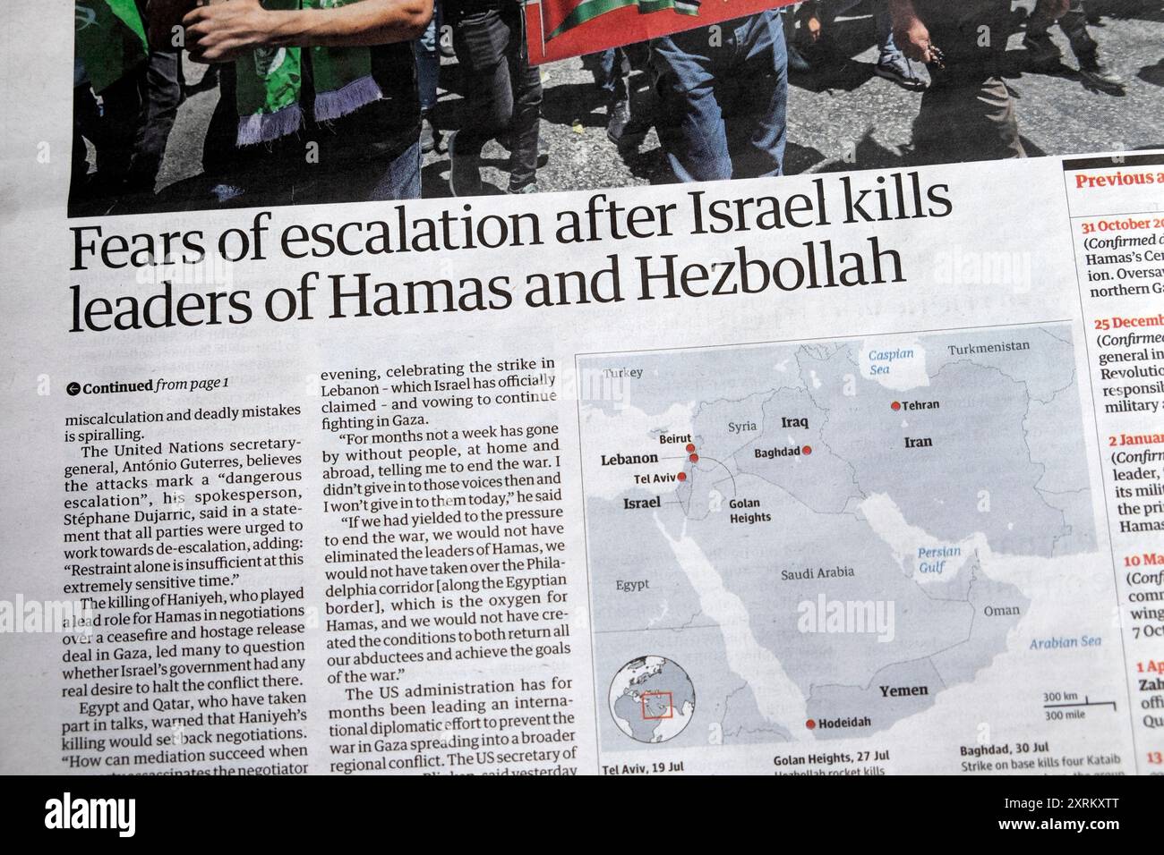 'Fears of escalation after Israel kills leaders of Hamas and Hezbollah ...