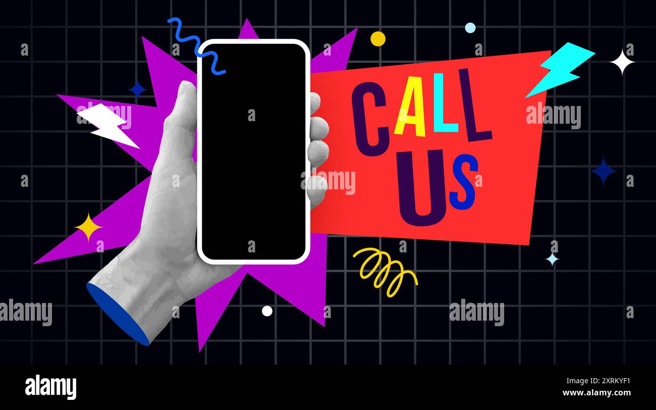 Retro collage. Hand holding smartphone. Call us. Vector illustration ...