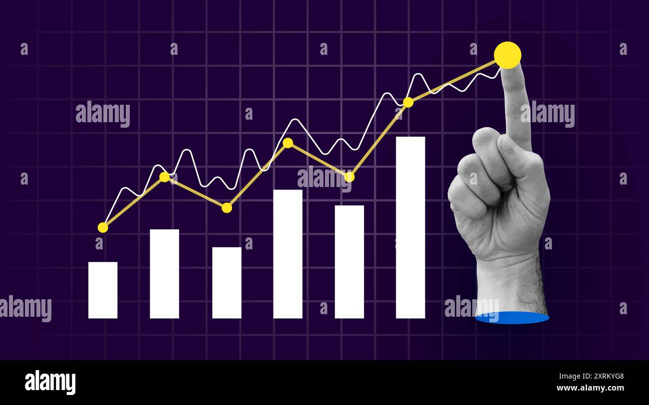 Business growth concept art retro collage. Hand holding rising arrow ...