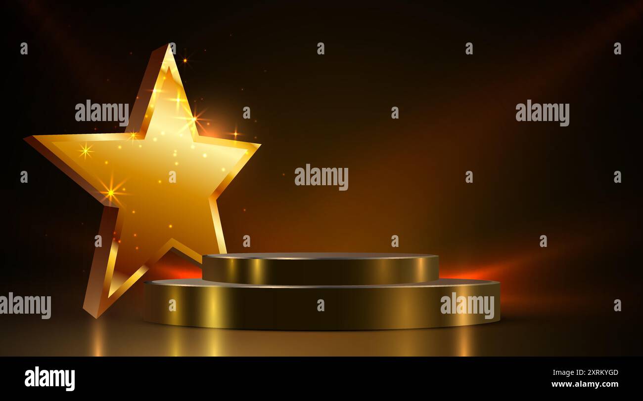Award round podium with golden star on dark background. Vector golden ...
