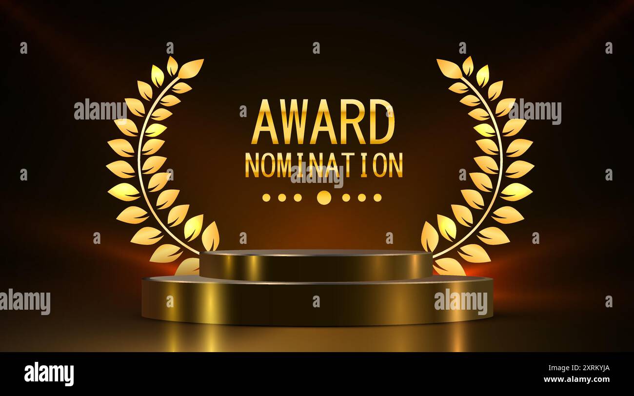 Award round podium with laurel wreath on dark background. Vector golden ...