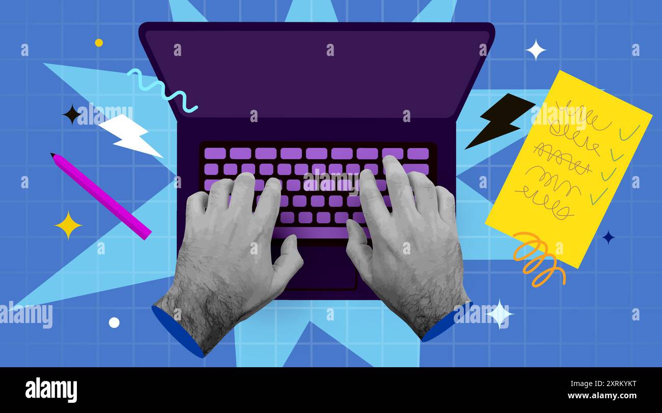 Retro collage. Human hands and laptop. IT work concept. Vector ...