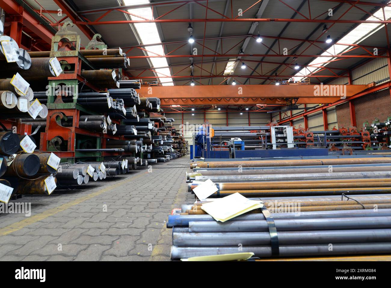 Sale and storage of industrial goods and steel in a factory hall Stock ...