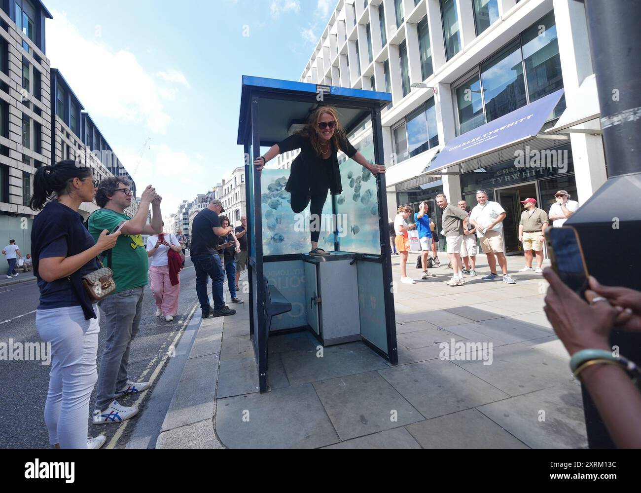 A new design of swimming fish by Banksy, has appeared on a police box ...