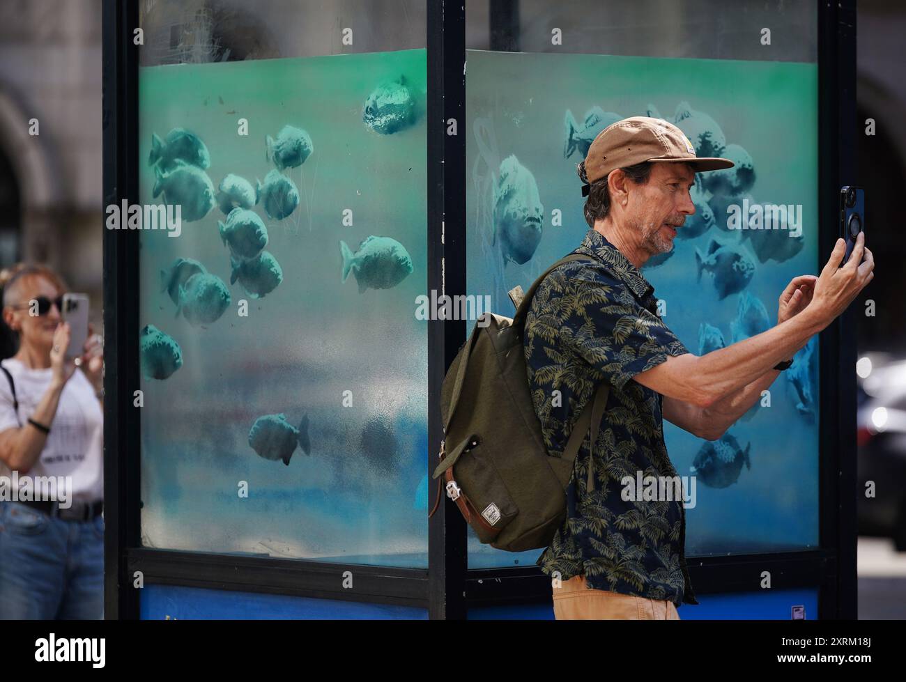 A new design of swimming fish by Banksy, has appeared on a police box ...