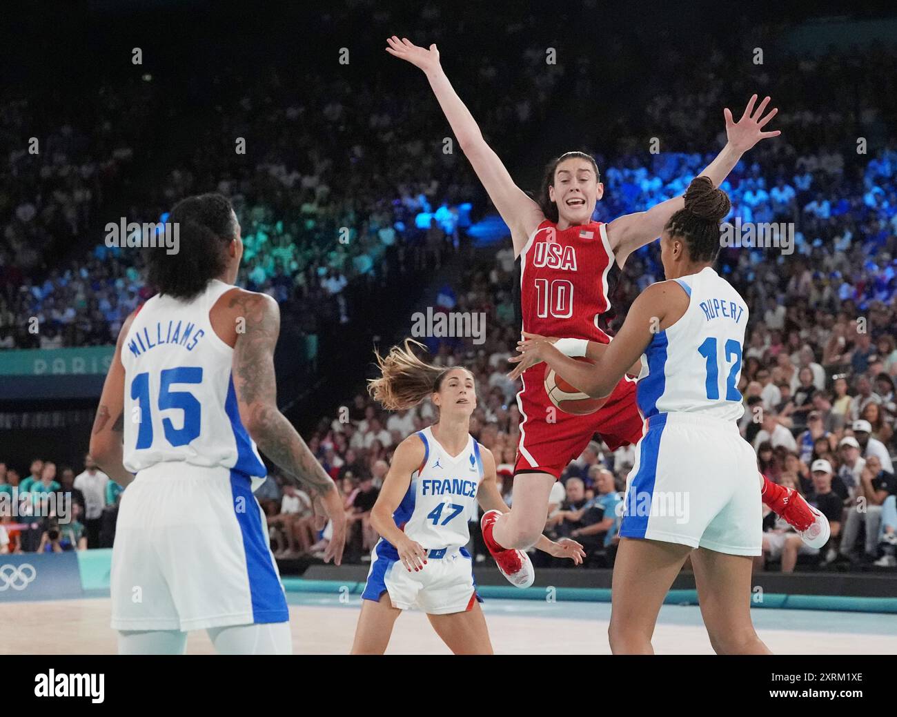 Paris, France. 11th Aug, 2024. Breanna Stewart of the U.S. (10) has the ...