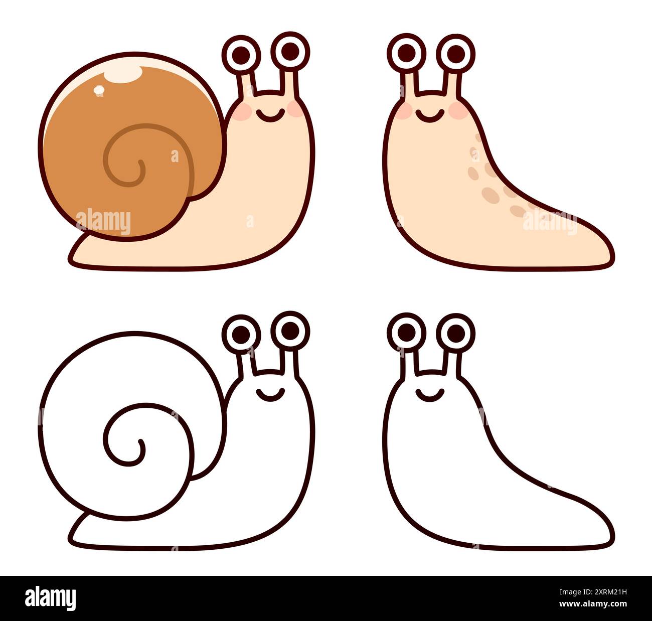 Cute cartoon snail and slug drawing set. Color and black and white line ...