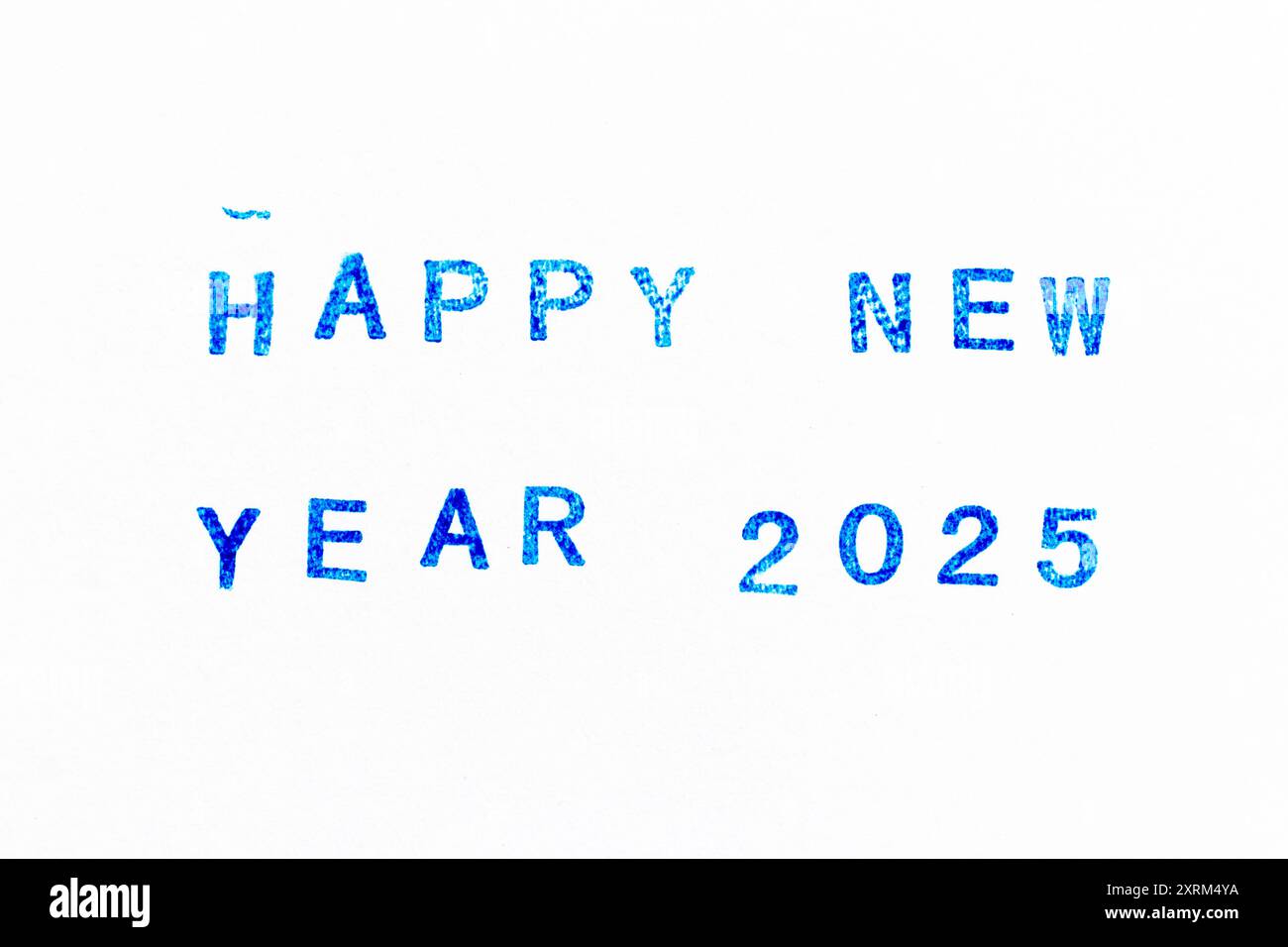 Blue color ink of rubber stamp in word happy new year 2025 on white ...