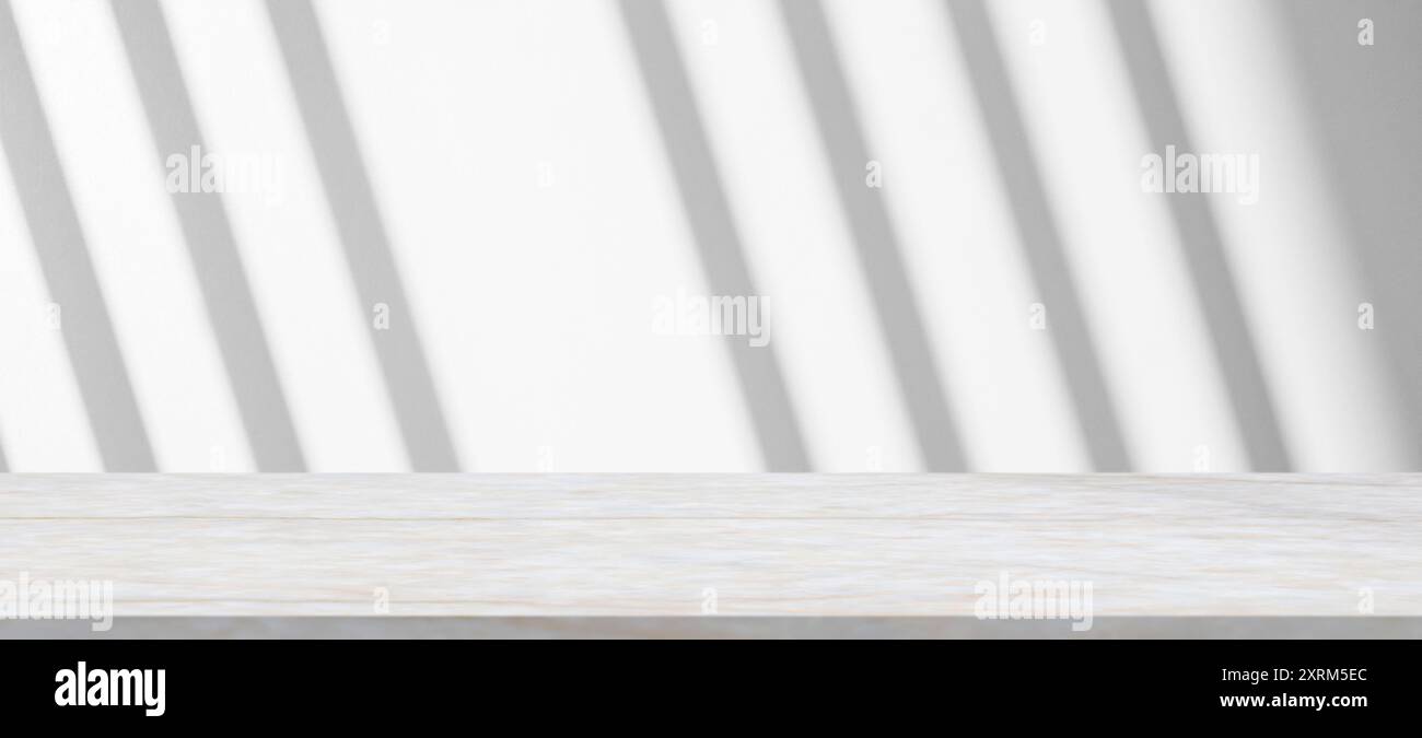 Marble table with window shadow drop on white wall background for ...