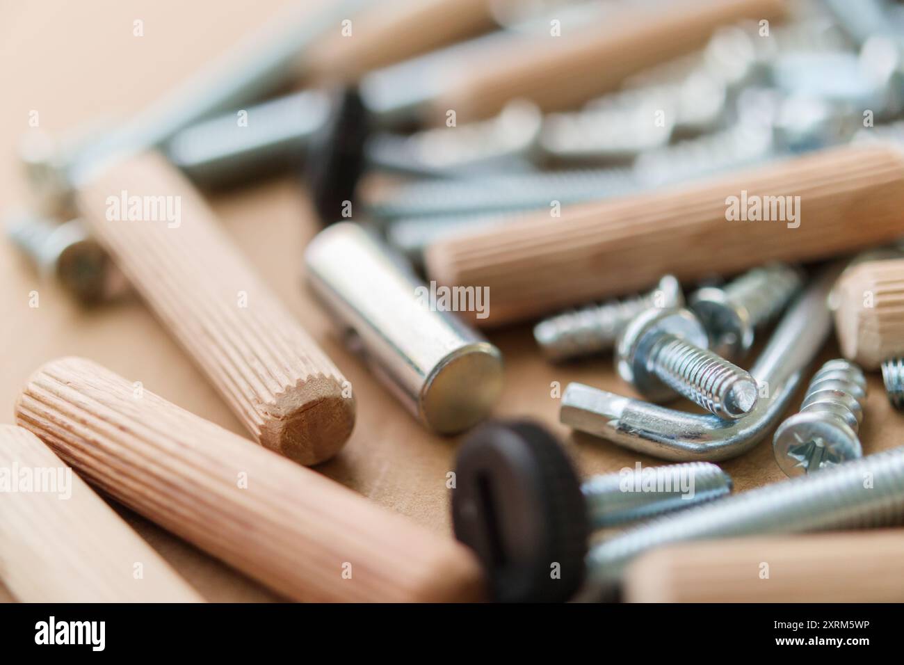 Assembly furniture tool kit with screw dowel and bolt Stock Photo - Alamy
